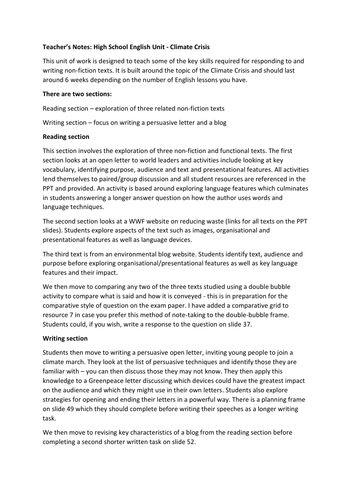 High School English: Non-fiction Unit for Grades 9-10 - Climate Change ...