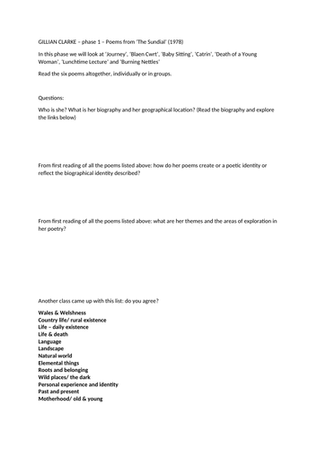 GILLIAN CLARKE for CIEA A LEVEL | Teaching Resources