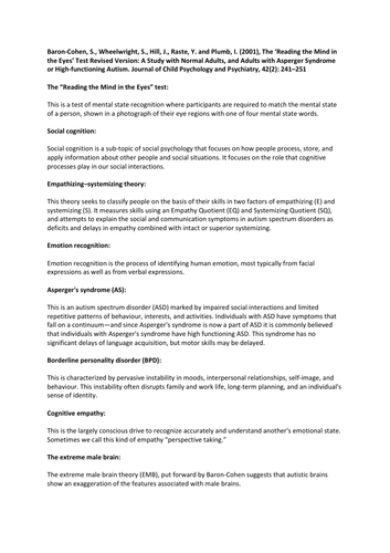 Baron-Cohen et al. (eyes test) | Teaching Resources