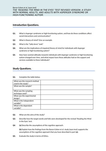 Baron-Cohen et al. (eyes test) | Teaching Resources