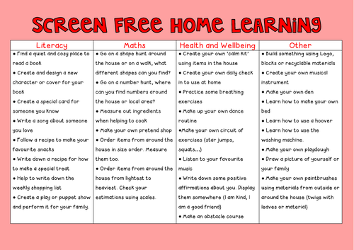 Screen Free Home Learning Grid | Teaching Resources
