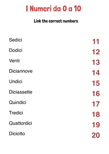 Da 11 a 20 - Numeri in Italiano - Numbers in Italian | Teaching Resources