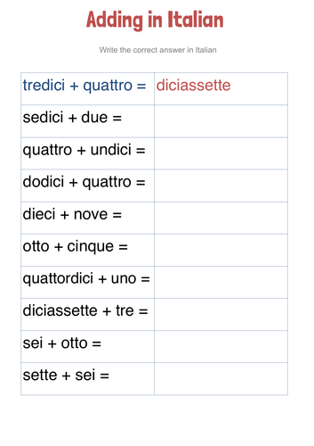 Da 11 a 20 - Numeri in Italiano - Numbers in Italian | Teaching Resources