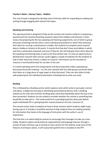 Middle School English: Non-fiction Unit for Grades 7-8 - Hobbies ...