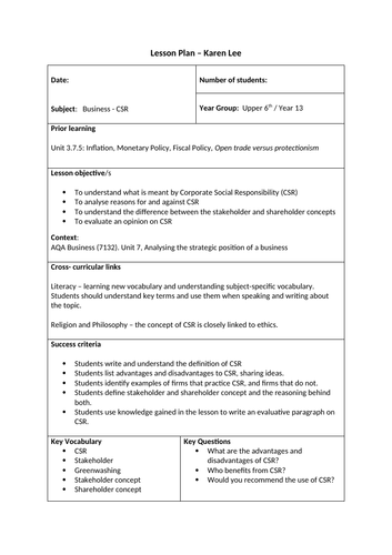 Corporate Social Responsibility; CSR | Teaching Resources