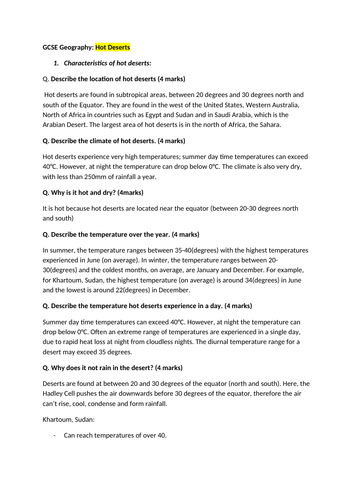 GCSE AQA Geography: HOT DESERTS Notes and Exam Questions | Teaching ... GCSE AQA Geography: HOT DESERTS Notes and Exam Questions | Teaching ...
