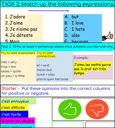French School Unit - Subjects, Opinions and Reasons + Different school ...