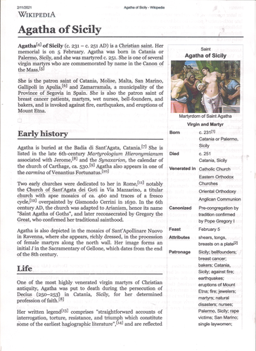 Saint Agatha Feast day 5th February | Teaching Resources