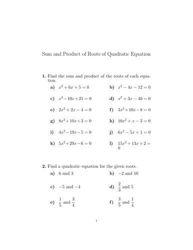 Sum and Product of Roots of Quadratic Equation worksheet (with ...