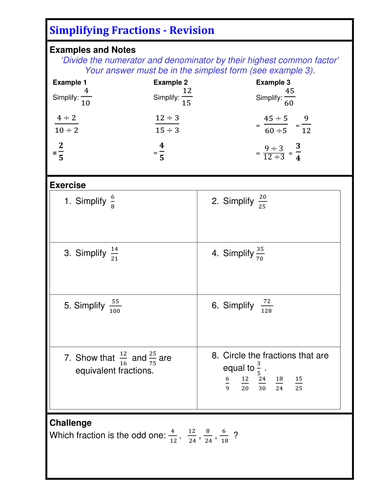 Simplifying Fractions Revision | Teaching Resources