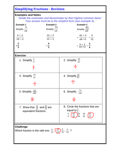 Simplifying Fractions Revision | Teaching Resources