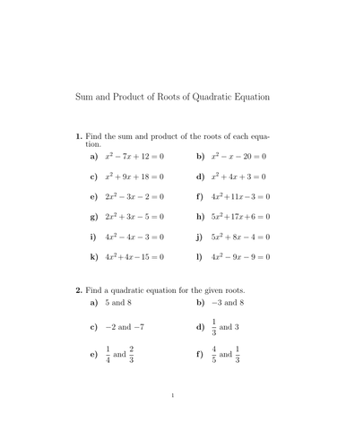 Sum and Product of Roots of Quadratic Equation worksheet no 2 (with ...