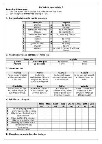 French -ER Verbs Infinitives Activities & Opinions Qu'est-ce que tu ...