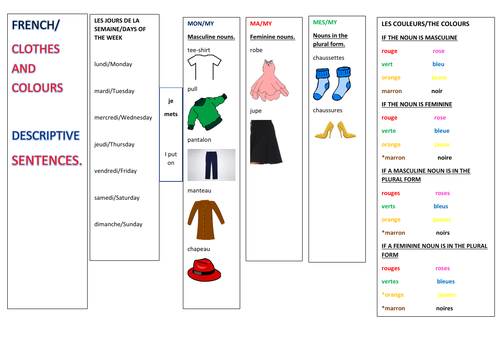 French descriptive sentence using nouns for clothes and colour ...