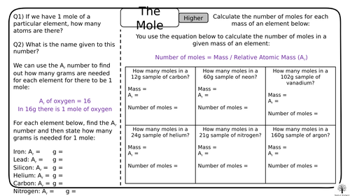 The Mole - GCSE Chemistry Worksheets | Teaching Resources