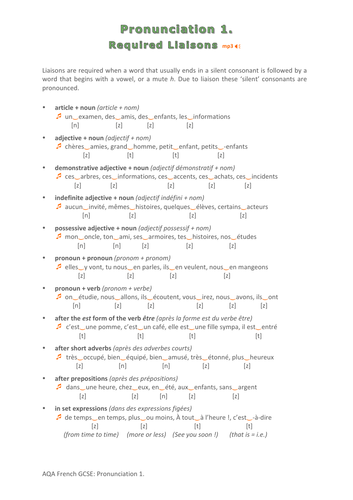 French Pronunciation Guide 1: Required Liaison Worksheet (mp3 separate ...