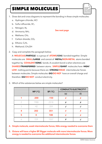 2.7 Simple covalent molecules, AQA Chemistry | Teaching Resources