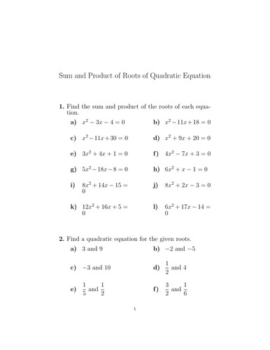 Sum and Product of Roots of Quadratic Equation worksheet no 3 (with ...
