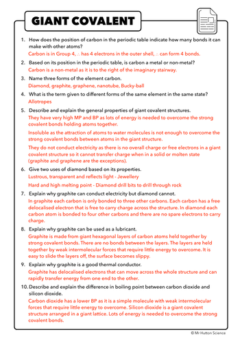 2.8 Giant Covalent Structures, AQA Chemistry | Teaching Resources