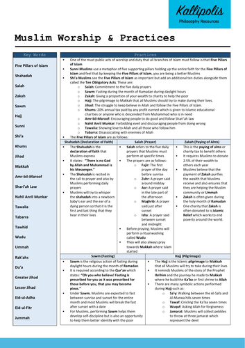 Muslim Practices - GCSE RS Knowledge Organiser | Teaching Resources