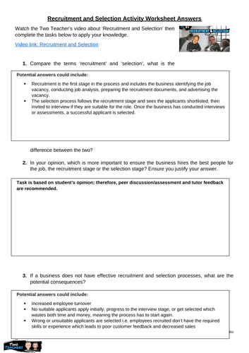 Recruitment and Selection | Activity Worksheet and Video Resource ...