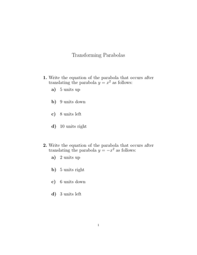 Transforming Parabolas worksheet (with solutions) | Teaching Resources