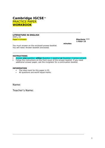 iGCSE CIE Unseen Paper - Prose Workbook | Teaching Resources