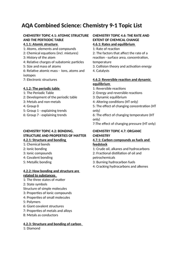AQA 9-1 Chemistry TRIPLE and COMBINED topic list (detailed and simple ...