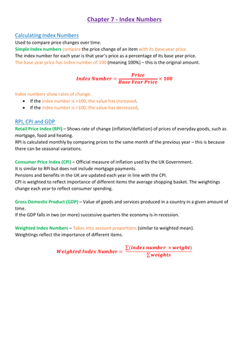 Index Numbers Revision Notes - GCSE Statistics (9-1) | Teaching Resources