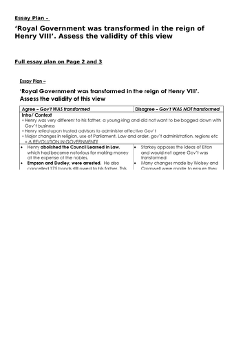 AQA Unit 1C Tudor History Essay Plan - Royal Government was transformed ...