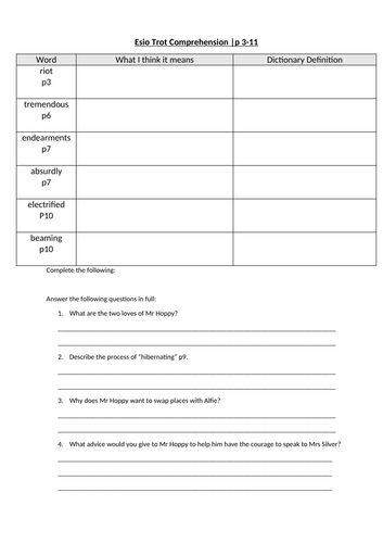 Esio Trot Guided Reading Comprehension Book Study | Teaching Resources