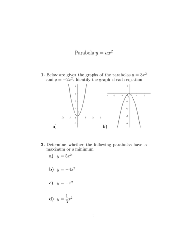Parabola y=ax^2 worksheet (with solutions) | Teaching Resources