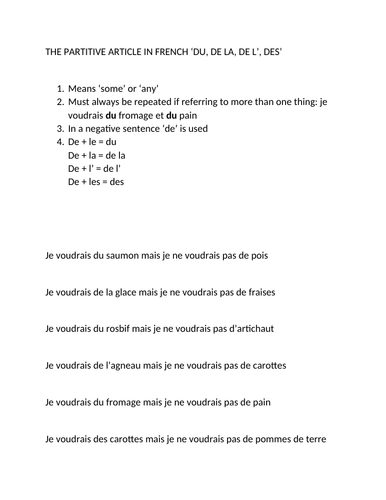 lesson plan on FRENCH 'du, de la, de l', des' extensive list of ...