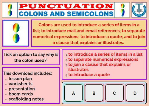 COLONS AND SEMICOLONS - PUNCTUATION: 33 BOOM CARDS | Teaching Resources