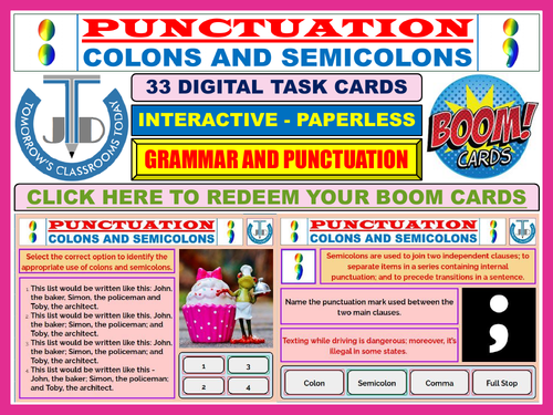 COLONS AND SEMICOLONS - PUNCTUATION: 33 BOOM CARDS | Teaching Resources