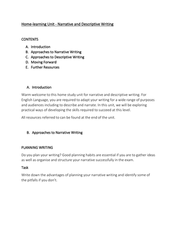 English GCSE Digital Home Learning Unit: Narrative and Descriptive ...