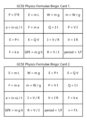 GCSE Physics Fomulae Bingo - FUN! | Teaching Resources