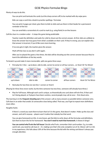 GCSE Physics Fomulae Bingo - FUN! | Teaching Resources