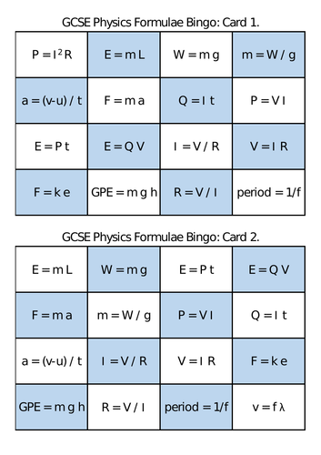 GCSE Physics Fomulae Bingo - FUN! | Teaching Resources