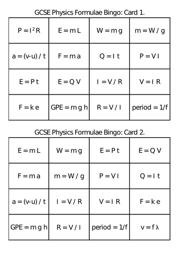 GCSE Physics Fomulae Bingo - FUN! | Teaching Resources