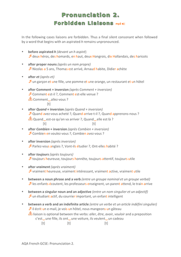 French Pronunciation Guide 2: Forbidden Liaison Worksheet (audio file ...