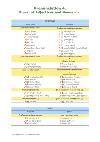 French Pronunciation Guide 4: Plural of Adjectives and Nouns Worksheet ...
