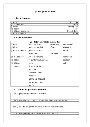 French KS3 leisure activities | Teaching Resources