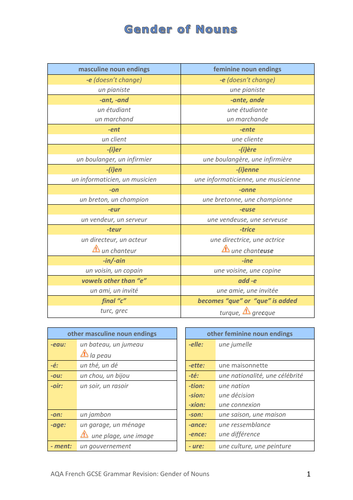 French Grammar Nouns 1: Gender of Nouns Revision/Self Study Guide (Ex ...