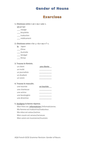 French Grammar Nouns 1: Gender of Nouns Exercise (Self Study Guide sep ...
