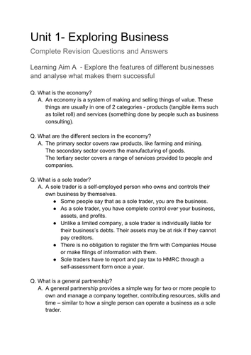 BTEC Business Unit 1 Revision Questions | Teaching Resources