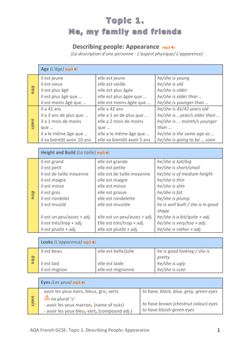 French Topic 2: Appearance Revision/Self Study guide (mp3 file sep ...