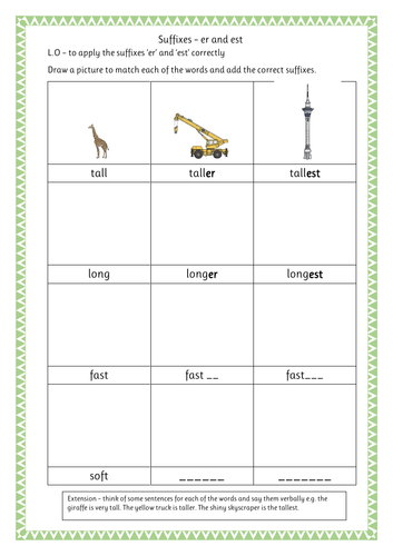 Differentiated suffix worksheets - er and est | Teaching Resources