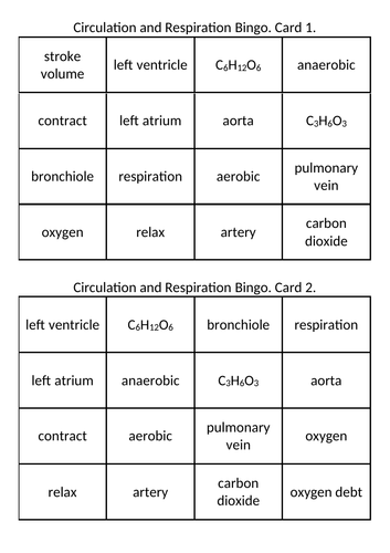 Respiration & Circulation Bingo | Teaching Resources