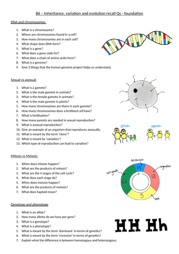 AQA Biology GCSE B6 - Inheritance recall Qs | Teaching Resources